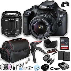 Canon EOS 4000D (Rebel T100) DSLR Camera w/EF-S 18-55mm F/3.5-5.6 Zoom Lens + 64GB Memory + Case+ Steady Grip Pod + Filters + 2X Batteries + More (28pc Bundle)