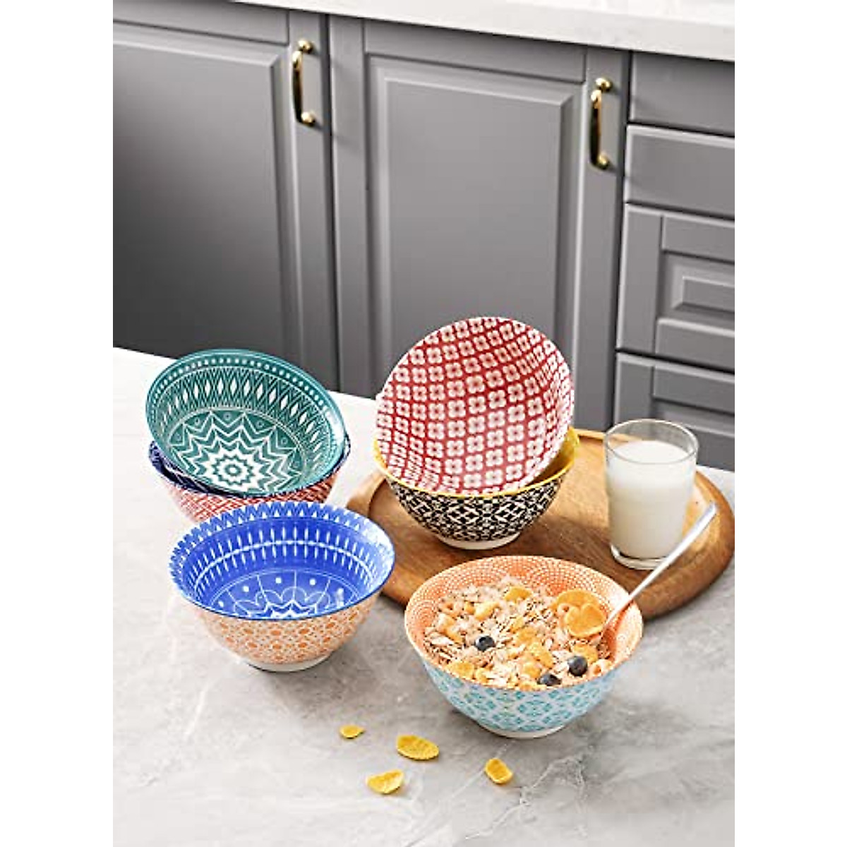 Teocera Cereal Bowls, Soup Bowls, Porcelain Multicolor Bowl Set, 18 Ounce for Cereal, Soup, Oatmeal, Salad, Dessert, Set of 6