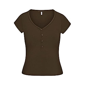 REORIA Women’s Summer Sexy Casual Henley V Neck Button Down Short Sleeve Going Out Y2K Ribbed Tshirts Crop Tops Coffee Large