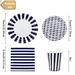 Navy Blue Striped Party Supplies, Blue and White Birthday Party Pack, Navy Blue Paper Plates and Napkins Set for Boys Baby Shower Birthday Graduation Summer Blue Party, Services 40