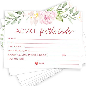 Printed Party Advice and Wishes for the Mr and Mrs – Wedding Advice Cards for Bridal Shower, Games and Favors for Guests, Pink Floral Design, 50 Guests