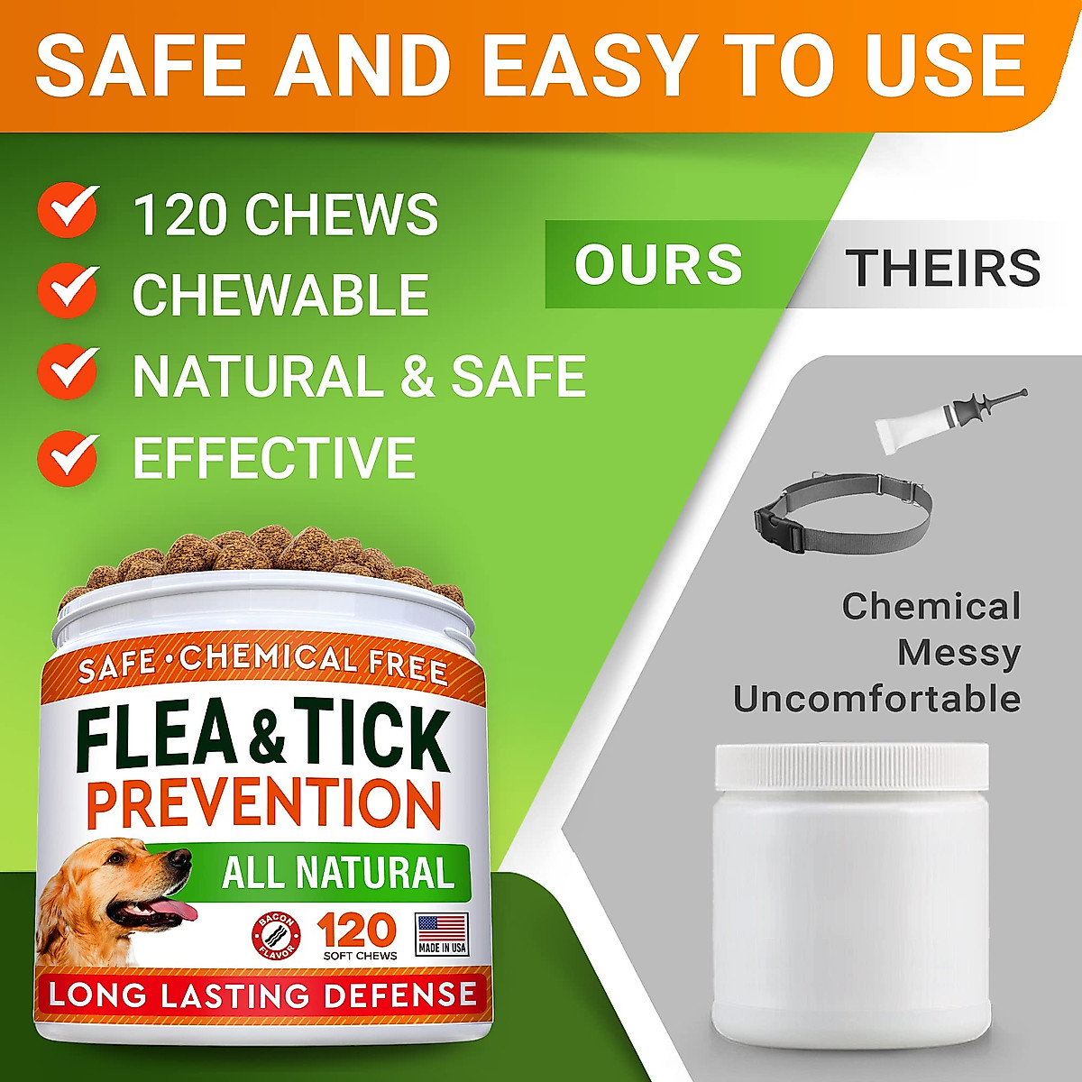 STRELLALAB Natural Flea and Tick Prevention Chews for Dogs - Chewable Tablets for Dogs - All Breeds and Ages - Made in USA Flea and Tick Remover Supplement - Bacon - 120 Treats