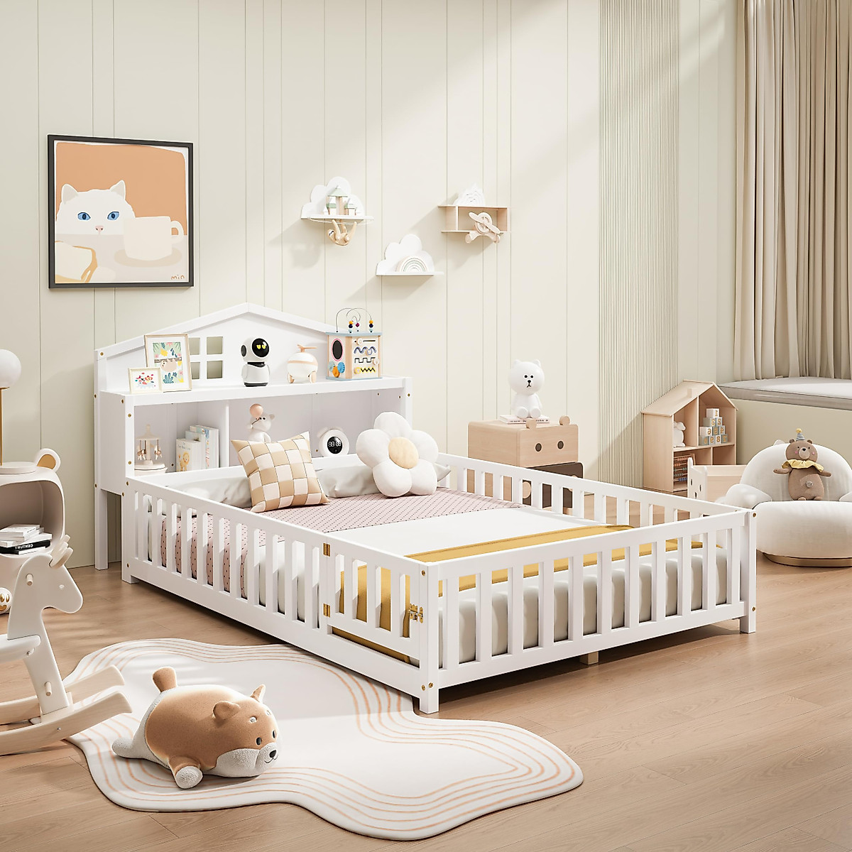 DEINPPA Full Size Floor Platform Bed with Storage Shelf and Openable Gate, Montessori Kids Platform Bed Frame with Bookcase Headboard for Toddler Kids Child Boys Girls- White