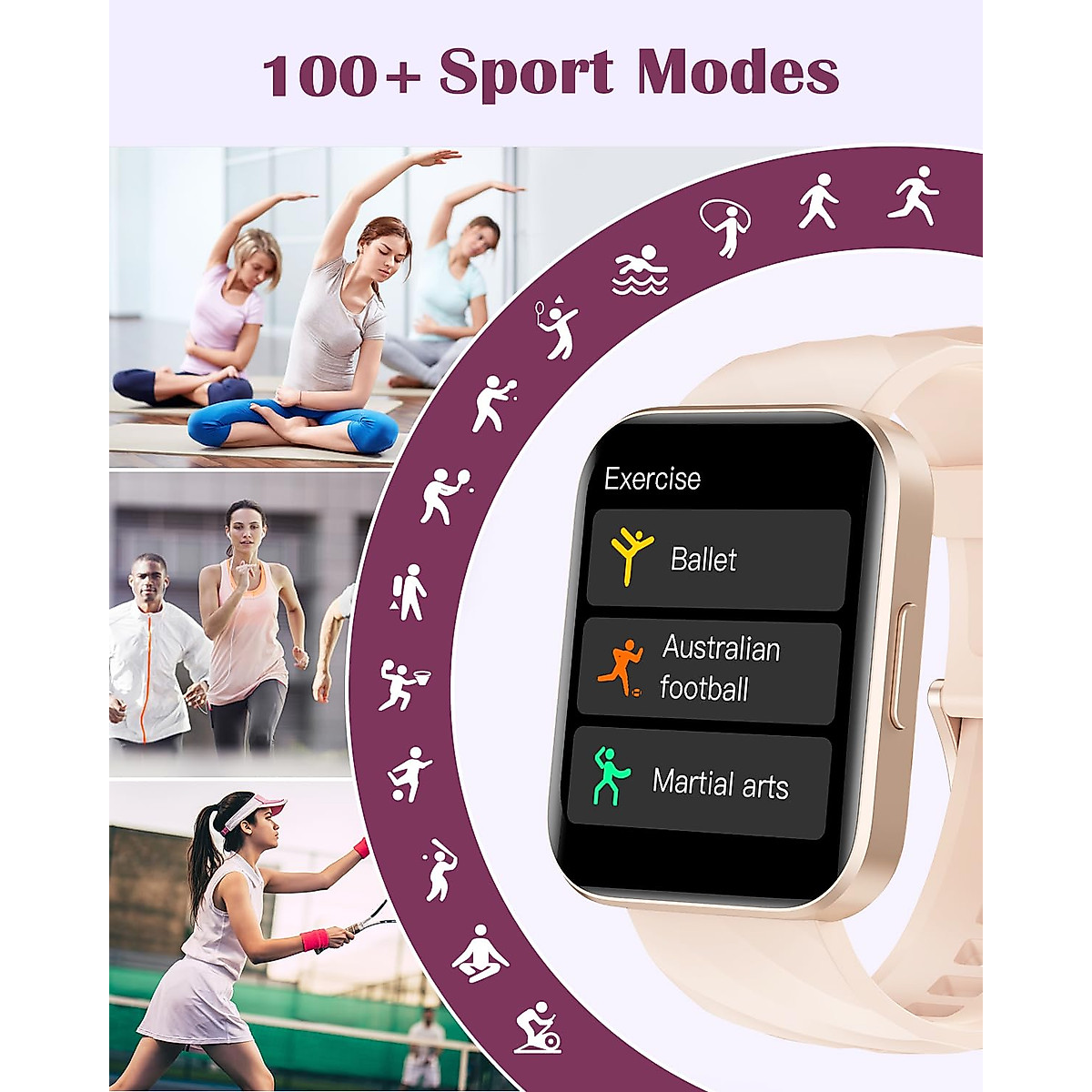 RUIMEN Smart Watches for Women Men (Answer/Make Calls) Compatible with iPhone/Android Phones, 1.85" HD Screen Fitness Tracker Heart Rate Monitor 100+ Sports Tracker Watch Waterproof (Pink)