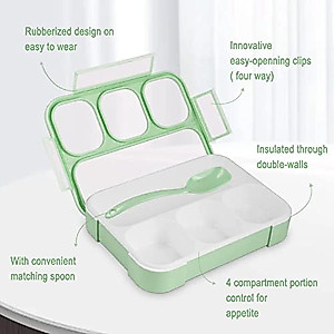 Bento Lunch Box for Kids, 4 Compartment Kids Lunch Box Leak Proof, Cute Bento Snack Box for Adults and Kids With Utensils, Lunch Containers BPA-Free, Microwave Bento Box (Green)