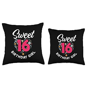 Funny 16th Birthday Girl 16 Years Sweet 16 Gifts Sixteen 16th Birthday Girl Floral Years Sweet 16 Throw Pillow, 16x16, Multicolor