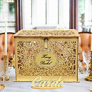 OurWarm Gold Wedding Card Box for Wedding Reception, Glittery Wooden Card Boxes with Lock, Gift Card Box Money Holder for Reception Anniversary Shower Rustic Wedding Decorations Birthday Graduation