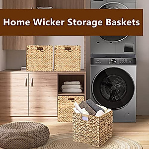 VK Living Foldable Handwoven Water Hyacinth Storage Baskets Wicker Cube Baskets Rectangular Laundry Organizer Totes for Bedroom, Living Room,Nursery Room, Shelves, Pantry 4 Pack 11.8x11.8x11.8inch