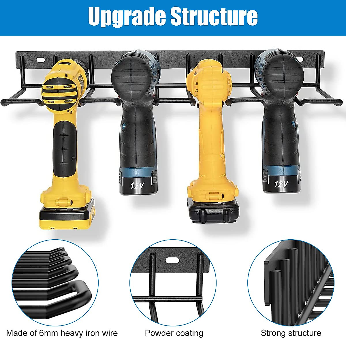 Homtgoe Drill Storage Rack Wall Mounted Power Tool Organizer Heavy Duty Steel Floating Tool Shelf Space Saving Electric Drill Storage Rack Anti-Slid Storage Rack for Garage Home Workshop Shed