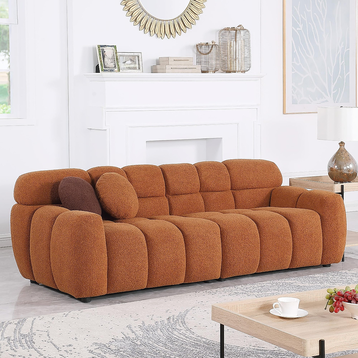 GNIXUU 86.5” Boucle Cloud Sofa, Modern Large Tufted 3 Seater Sofa Couch with 2 Pillows, Comfy Marshmallow Sectional Couches for Living Room, Bedroom, Apartment(Orange)