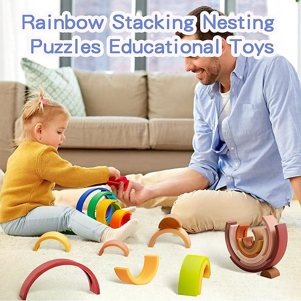 let's make Rainbow Stacking Toy Baby Silicone Stacker Building Blocks Arch Shape Nesting Puzzle Montessori Toy 3 Years Early Development Sensory Toy (6Pcs)
