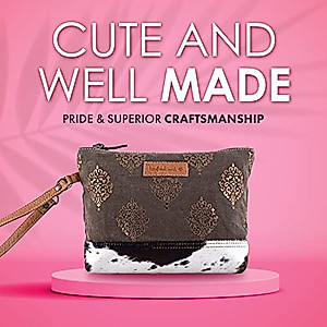 SIXTEASE Women's Fashion Wristlet Small Clutch With Wrist Strap - Vintage Style Zipper Made with Genuine Leather, Upcycled Canvas, Rug, or Hair On - Unique Designs, Hand Stitched - Dimensional