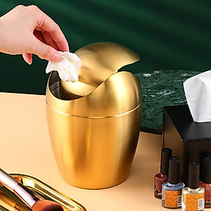 Mini Desktop Trash Can With Swing Lid, Gold Metal Garbage Can, Premium Stainless Steel 18/10 Reusable Waste Bin For Kitchen Bathroom Office Dressing Table Counter Top, Egg Shaped(Gold, 0.4 Gallon)