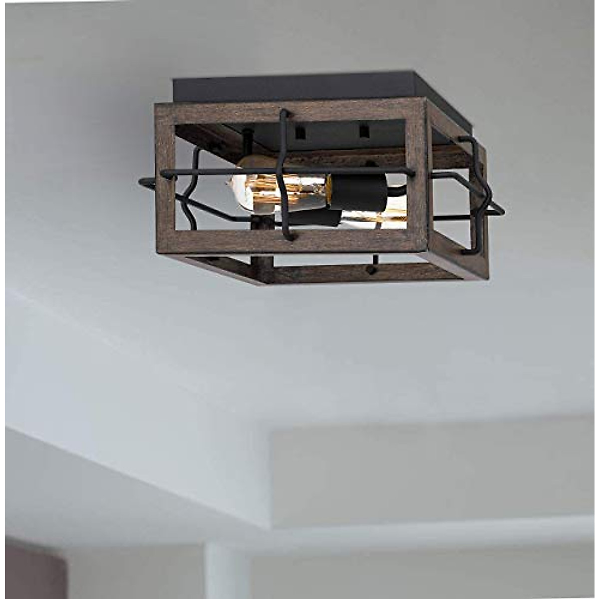 Tawson Amos Modern Farmhouse 2-Light Flush Mount Ceiling Light with Wood Shade for Hallway, Entryway, Passway, Dining Room, Bedroom, Garage, Kitchen Island, Balcony Living Room