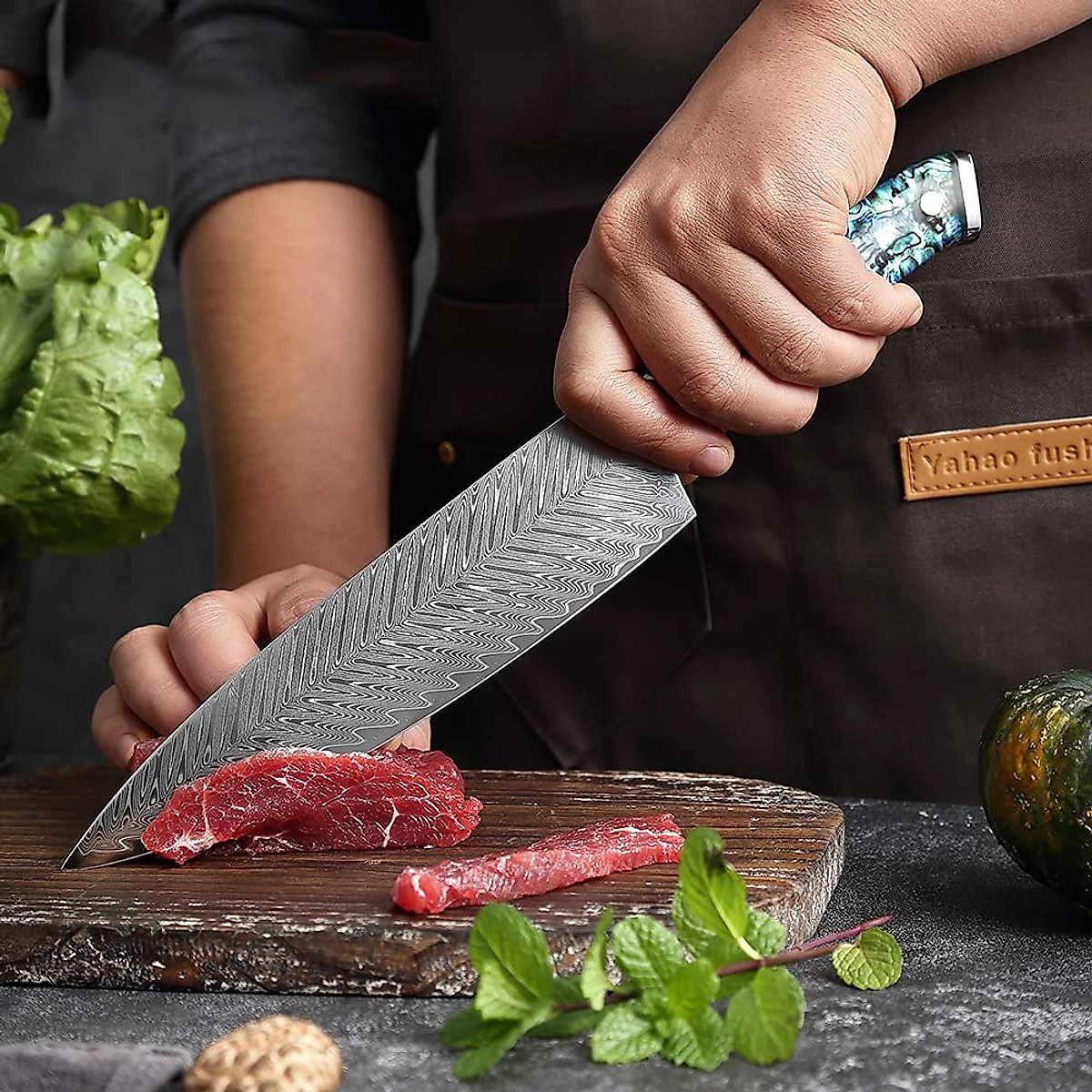 FFRR Knife Cleaver Chinese Chopping Knife Professional Kitchen Japanese Knife Set Steel Chef Knife Abalone Shell Handle Santoku Meat Vegetable Cleaver Cut Cutting Vegetable (Color : 5PCS)