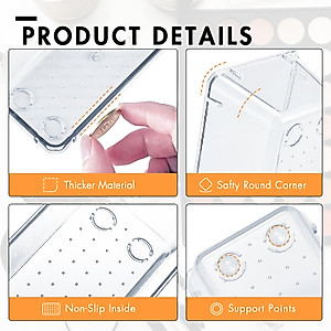HOUSE DAY Desk Drawer Organizer Bins 6 PCS, 9*6*2" Clear Drawer Organizers with Silicone Pads, Vanity Organizers and Storage, Non Slip Plastic Drawer Organizer for Makeup, Bathroom, Kitchen, Office
