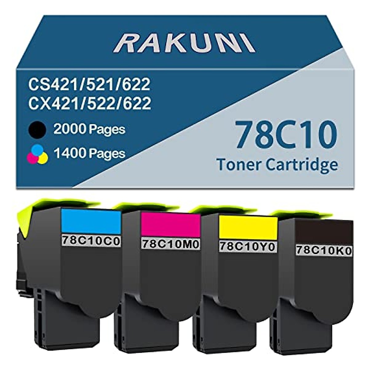 RAKUNI Remanufactured Toner Cartridge Replacement for Lexmark CS421dn CS521dn CS622de CS421 CS521 CS622 CX421 CX522 CX622 CX625 78C10K0 78C10C0 78C10M0 78C10Y0 (4-Pack)