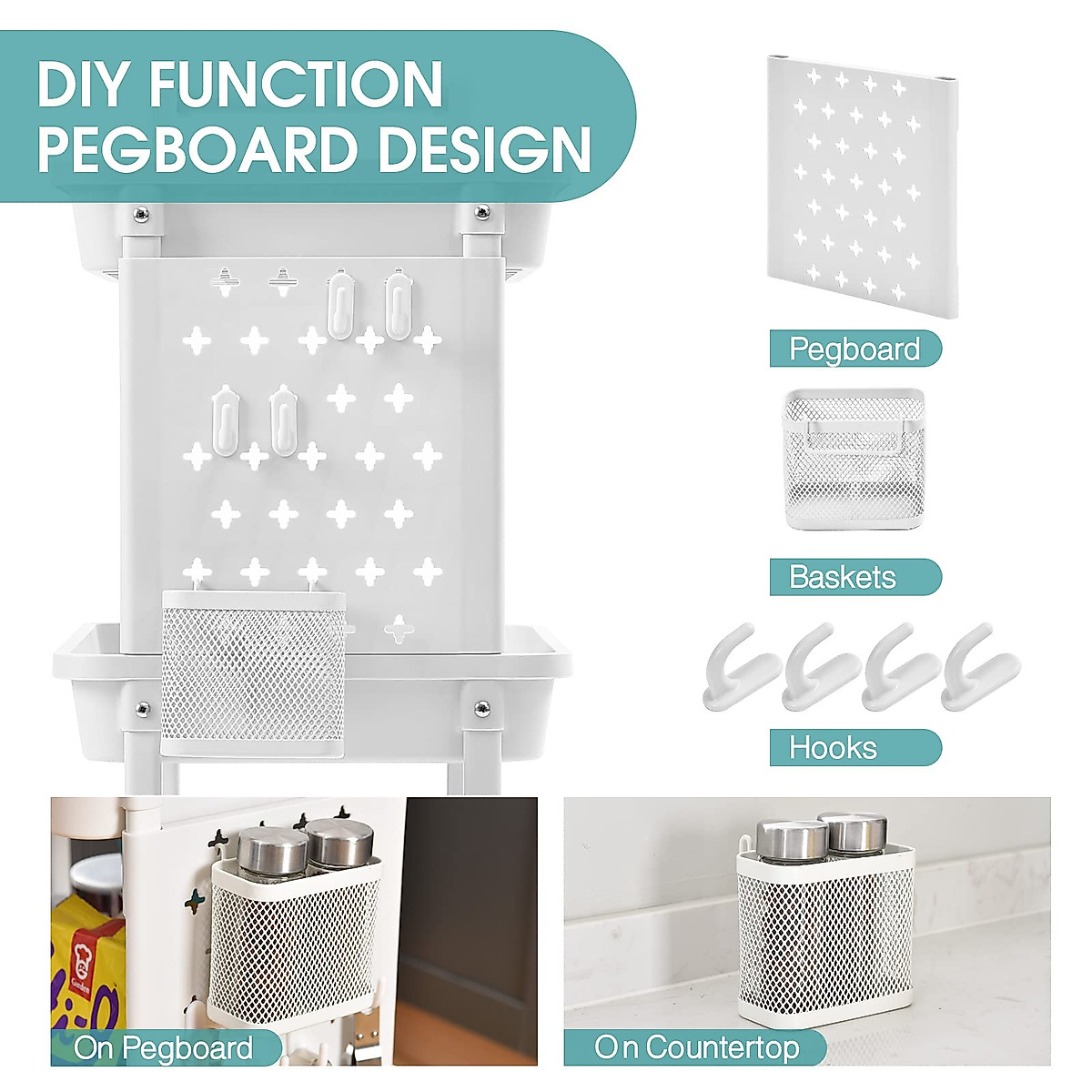 KINGRACK 3-Tier Rolling Cart, Utility Storage Cart with DIY Pegboards, Art Craft Trolley, Organizer Serving Cart, Storage Trolley cart for Home, Kitchen, Bedroom, Office, White