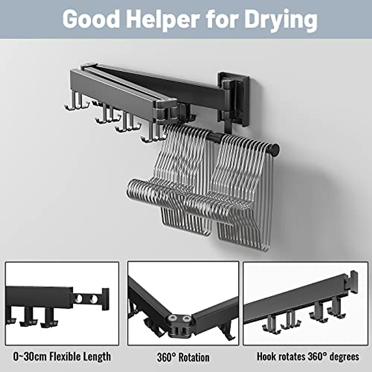 Zxlozxly Wall Mounted Clothes Hanger Rack, Black Retractable Clothes Drying Rack, Laundry Drying Rack, Collapsible (Tri-Fold), Clothes Drying Rack for Laundry Balcony Bedroom