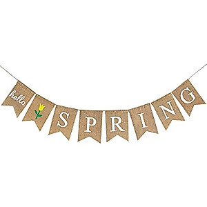 Hello Spring Banner Burlap, Spring Decorations for Home, Rustic Spring Banner Garland, Mantel Fireplace Hanging Decor for Easter Party Indoor Outdoor Decor Favors Photo Props