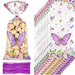 100 Pcs Butterflies Cellophane Treat Bags Plastic Butterfly Party Favors Watercolor Butterfly Cello Candy Bag with 100 Twist Ties for Butterfly Theme Baby Shower Girl Birthday Party Supplies (Purple)