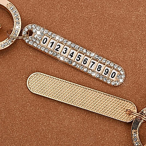 IUAQDP 2 Pieces Crystal Diamond Car Keychain with Universal Phone Number Plate & Horseshoe Buckle, Metal Bling Rhinestone Keyring Sparkling Key Holder for Keys Backpack Purse Women Girls, Silver/Gold
