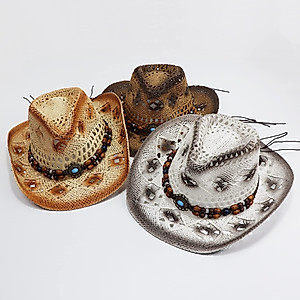 jiaoji Men & Women's Woven Straw Cowboy Cowgirl Straw Hat Cowboy Hats for Women Cowboy Hat Shapeable Brim, Beach Cowgirl (Tea Coffee/Beads)