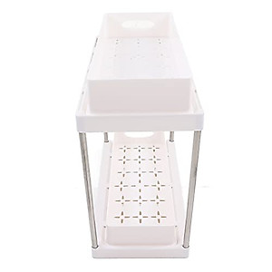 Asixxsix Under Sink Organizer, 2 Tier Under Sink Organizers and Storage, ABS Material Multi Purpose Slide Out Under Sink Storage Organizer with Hooks for Bathroom Kitchen Drawer (White)