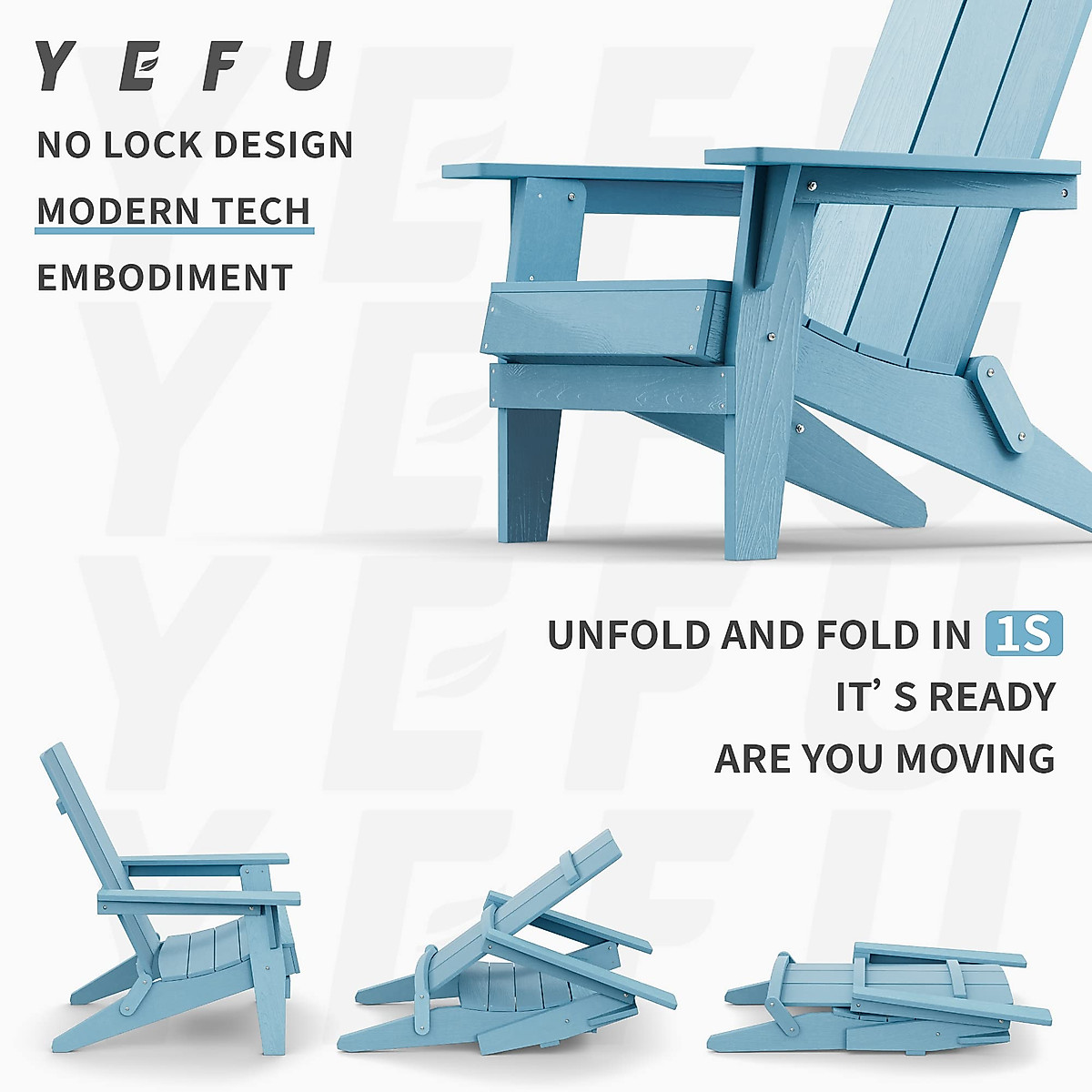 YEFU Folding Modern Adirondack Chair Plastic, 1s Expand/Store Upgrade Unlocked Weather-Resistant, Poly Lumber Outdoor Chairs Stacked, Widely Used in Outside Patio, Lawn, Deck, Garden Chairs (White)