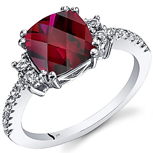 PEORA Created Ruby Ring for Women 14K White Gold with Genuine White Topaz, Designer 3 Carats Cushion Cut 8mm, Comfort Fit, Size 7