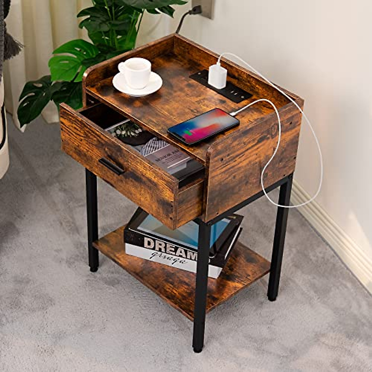 Lerliuo Nightstands Set of 2 with Charging Station and USB Ports, 3-Tier End Side Table with Storage Drawer and Shelf, Modern Bedside Night Stand for Bedroom, Retro Brown