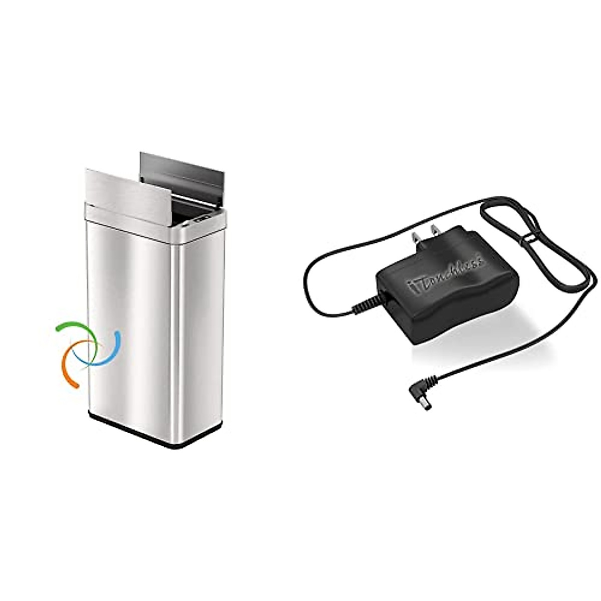 iTouchless, 68 Liter Wings-Open Sensor Trash Can & Pet-Proof Lid, Stainless Steel, 18 Gallon & AC Power Adapter for Automatic Sensor Trash Cans