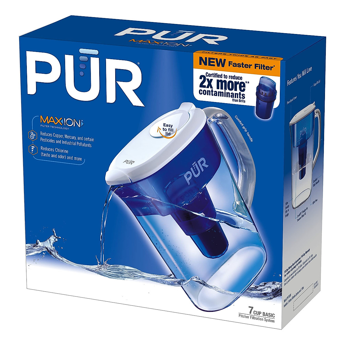 PUR Water Filter Pitcher Filtration System, 7 Cup, Clear/Blue
