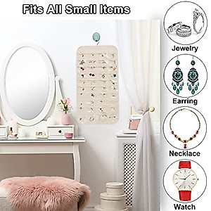 KIMCHOMERSE Hanging Jewelry Organizer Double Sided 80 Pockets Jewelry Storage Holder Bag for Home and Travel to Organize Necklaces Bracelets Earrings Rings Chains Hairpin Headband - Beige