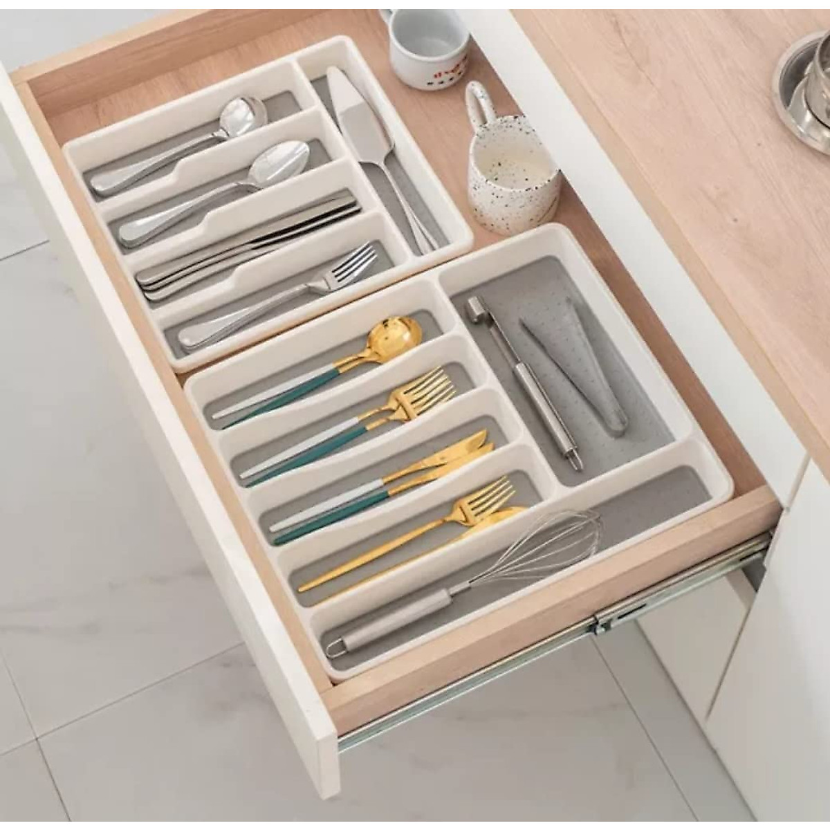 Large Silverware Tray - White, Kitchen Cutlery Tray Drawer Organizers 6-Compartments| Kitchen Drawer Organizer | Soft-Grip Lining and Non-Slip Rubber Feet | BPA-Free