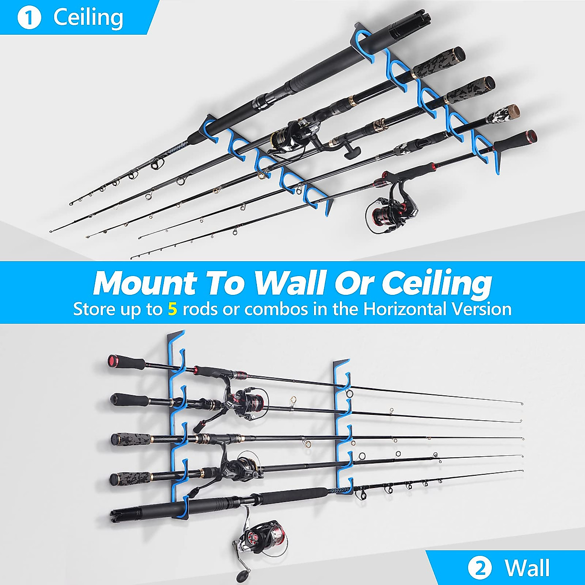 PLUSINNO H5 Horizontal Fishing Rod/Pole Holders for Garage, Wall or Ceiling Mounted Fishing Rod Rack, Aviation Aluminum Fishing Pole Holder Holds up to 5 Rod or Combos or Nets Storage Racks