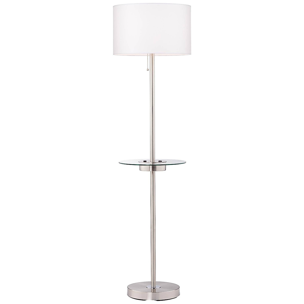 360 Lighting Caper Modern Floor Lamp with Tray USB and AC Power Outlet on Table Glass 60.5" Tall Satin Nickel White Fabric Drum Shade for Living Room Reading House Bedroom
