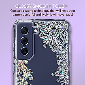 Coolwee Clear Glitter for Galaxy S21 FE Case Thin Flower Slim Cute Crystal Lace Bling Shiny Women Girl Floral Plastic Hard Back Soft TPU Bumper Protective Cover for Samsung Galaxy S21 FE Mandala Henna