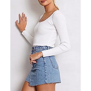 ZESICA Women's 2023 Long Sleeve Square Neck Shirts Fall Clothes Slim Fitted Ribbed Knit Sweater Basic Tee Tops,White,Large