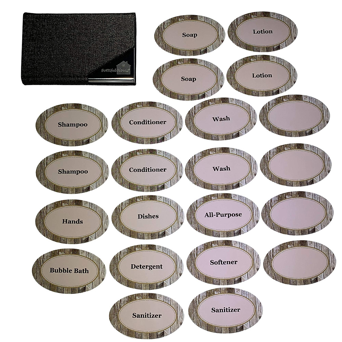 Bottiful Home - 22 Pack Oval Waterproof Permanent Labels for Refillable Shampoo, Conditioner, Soap, Lotion and Household Product Bottles (1.5"x2.5") (Woodgrain)