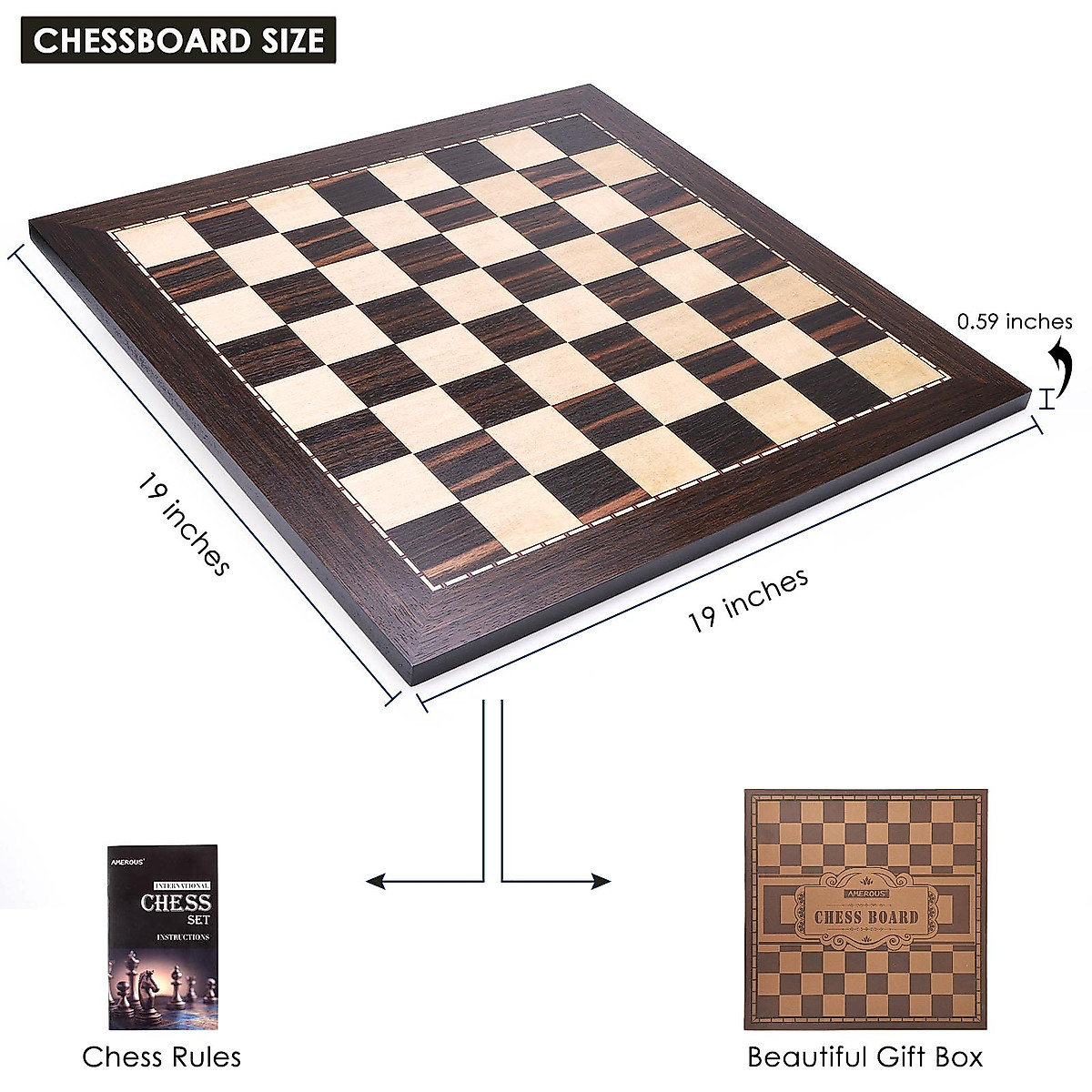 AMEROUS 19 Inches Professional Wooden Tournament Chess Board with 2.0" Squares/Gift Package/Chess Board Only (No Chess Pieces)