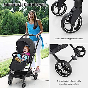 BABY JOY Baby Stroller, Front Rear Facing Toddler Carriage w/Convertible Seat, Cup Holder, 5-Point Harness, Adjustable Handle/Canopy/Backrest, Storage Basket, One-Step Brake Foldable Stroller (Black)