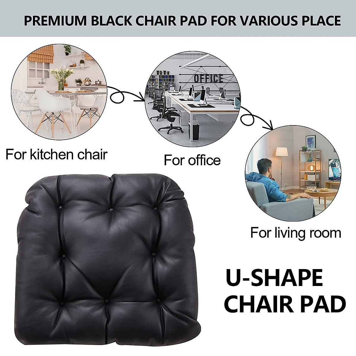 Big Hippo Chair Pads,Soft Leather Tufted Chair Seat Cushion Thicken U-Shape Chair Cushion Padding with Elastic Bands for Home Office Outdoor(Black-1pc)