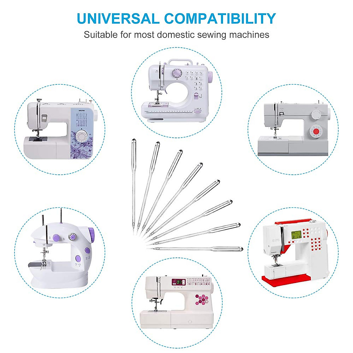 50PCS Sewing Machine Needles, Universal Sewing Needles for Singer, Brother, Bernina, Kenmore, Janome, Schmetz, Easy Thread with 2PCS Needle Threaders, Size 9 11 14 16 18