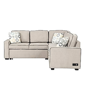 Eafurn Symmetrical Sectional Sofa with Pull Out Bed, 83" L-Shaped Convertible Corner Couch with Removable Backrest,Linen Upholstery Sofabed with USB Ports, 2 Power Sockets and Throw Pillows