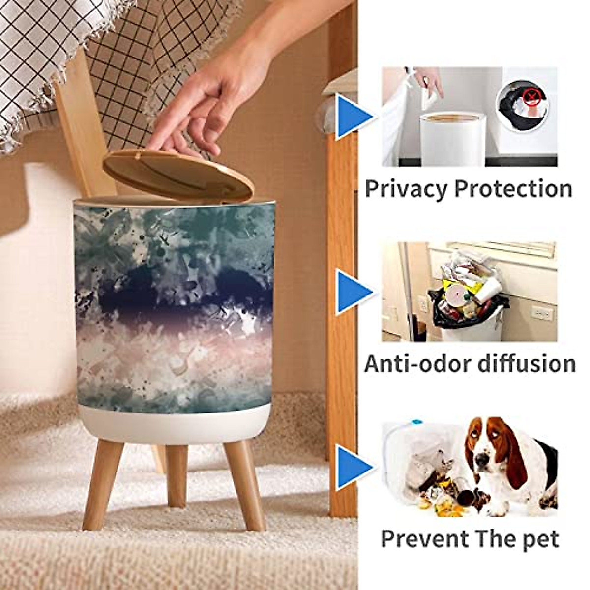 Trash Can with Lid Hand Painting Abstract Watercolor Tie Dye Ink Stains Splashes Brush Wood Small Garbage Bin Waste Bin for Kitchen Bathroom Bedroom Press Cover Wastebasket 7L/1.8 Gallon