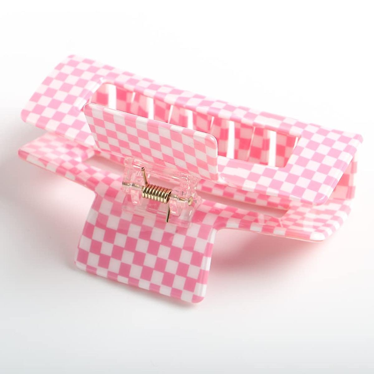 Checkered Hair Claw Clips,Pack of 1,Vintage Checkered Claw Clips Cellulose Acetate Banana Clips,Nonslip Banana Hair Clamp for Women Girls (Pink,L)