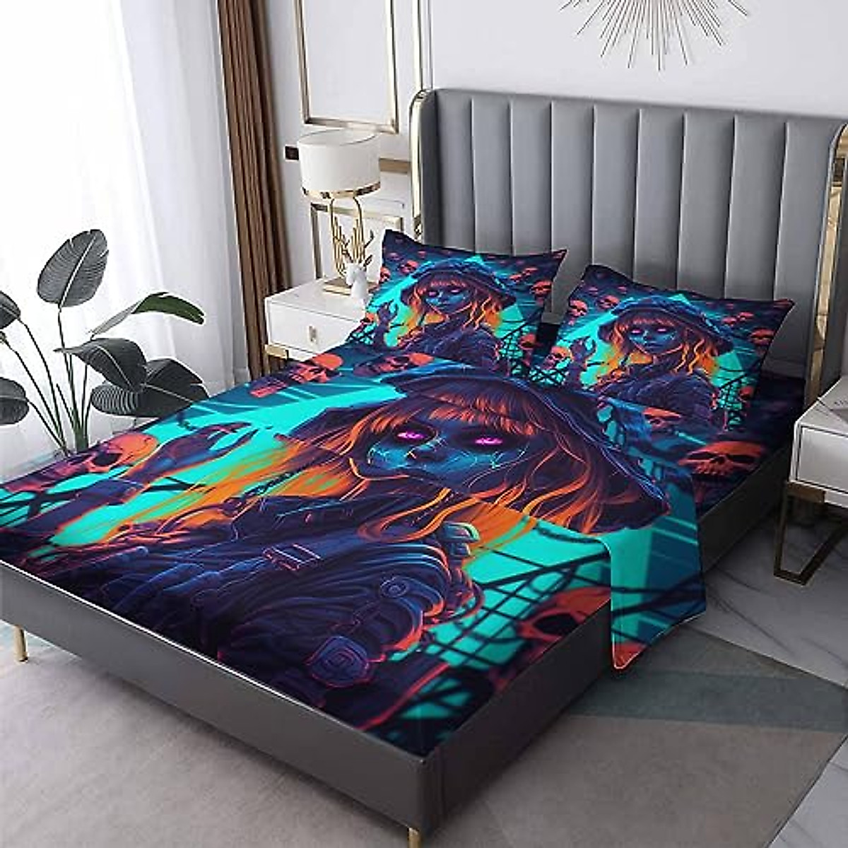 Halloween Sheets Full Size, Witch Skull Bed Sheets, Patterned Bedding Sheets & Pillowcases 4 Piece Set - Soft Microfiber Deep Pocket Fitted Sheet & Flat Sheet & 2 Pillow Cases L6-&-205