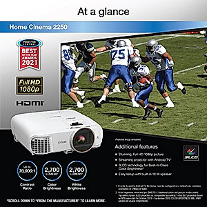 Epson Home Cinema 2250 3LCD Full HD 1080p Projector with Android TV, Streaming Projector, Home Theater Projector, 10W Speaker, Image Enhancement, Frame Interpolation, 70,000:1 contrast ratio, HDMI