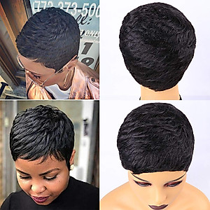 VRVogue Pixie Wigs Short Black Wavy Layered Short Human Hair Wigs for Black Women (1B#)